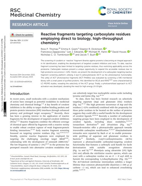 Pdf Reactive Fragments Targeting Carboxylate Residues Employing Direct To Biology High