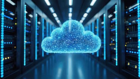 Futuristic Cloud Computing Concept Digital Cloud Graphic Floats Server Room Data Center