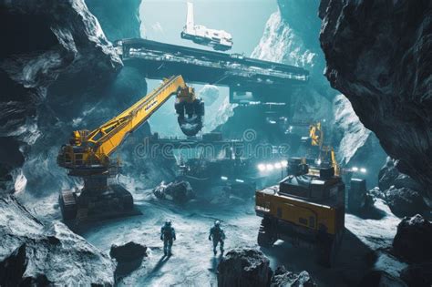 A Futuristic 3d Background Of An Asteroid Mining Facility Where Massive Robotic Drills Extract