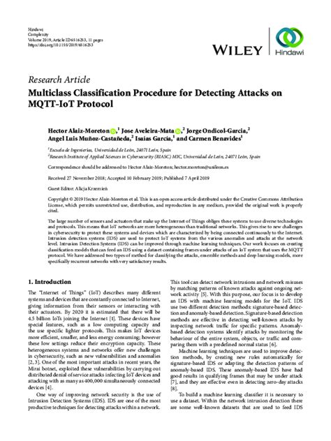 pdf multiclass classification procedure for detecting attacks on mqtt