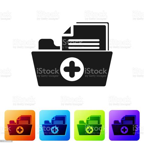 흰색 배경에 고립 된 의료 아이콘에 대 한 검은 의료 건강 기록 폴더 환자 파일 아이콘입니다 의료 기록 기호입니다 색상 사각형 버튼에 아이콘을 설정 합니다 벡터 일러스트 0