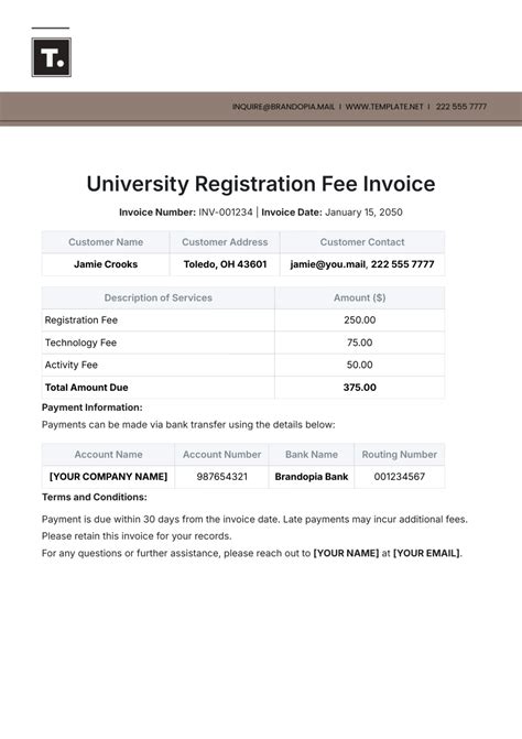 Free University Registration Fee Invoice Template To Edit Online