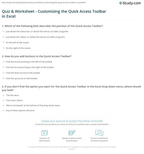 Quiz And Worksheet Customizing The Quick Access Toolbar In Excel
