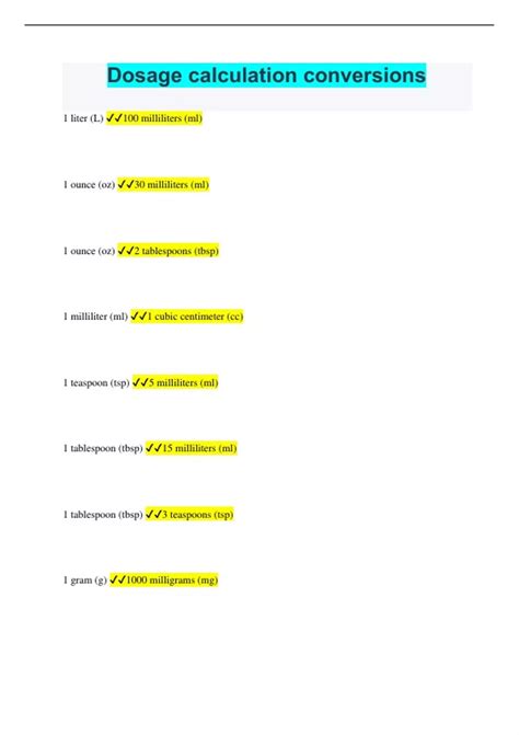 Dosage Calculation Conversions Dosage Stuvia Us