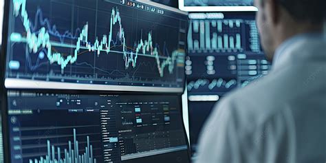 A Man Looking At Multiple Computer Screens With Charts And Graphs Background Man Computer