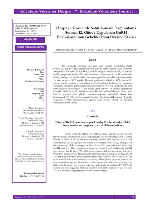 Pdf Effect Of Gnrh Treatment Applied On Day 12 After Timed Artificial Insemination On