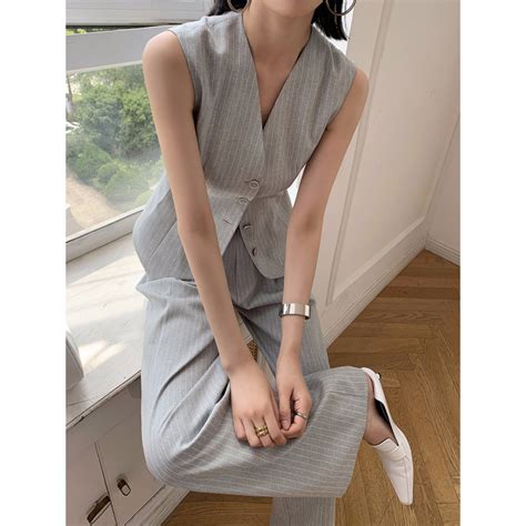 Wangxo灰色条纹两件套装女夏季无袖西装马甲高腰阔腿裤开叉半身裙虎窝淘