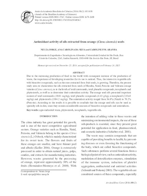 Pdf Antioxidant Activity Of Oils Extracted From Orange Citrus Sinensis Seeds
