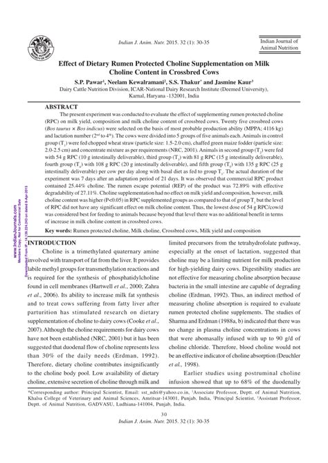 Pdf Effect Of Dietary Rumen Protected Choline Supplementation On Milk Choline Content In