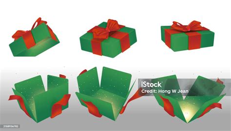 A Set Of Opened Green Surprise Boxes Tied With Red Ribbons Stock Illustration Download Image