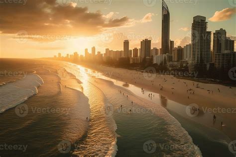 Aerial View Gold Coast Surfers Paradise Beach At Sunset Panoramic