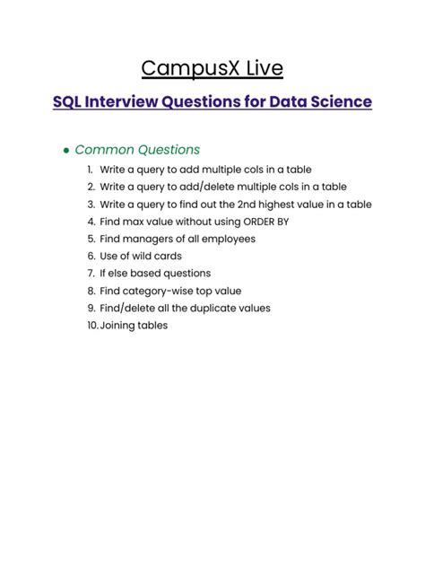 Campusx Live Sql Interview Questions For Data Science Pdf