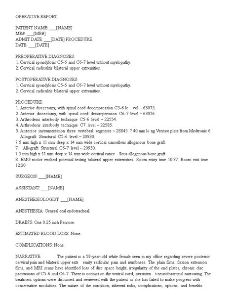 Patient Operative Report Example Patient Care Patient Medical History