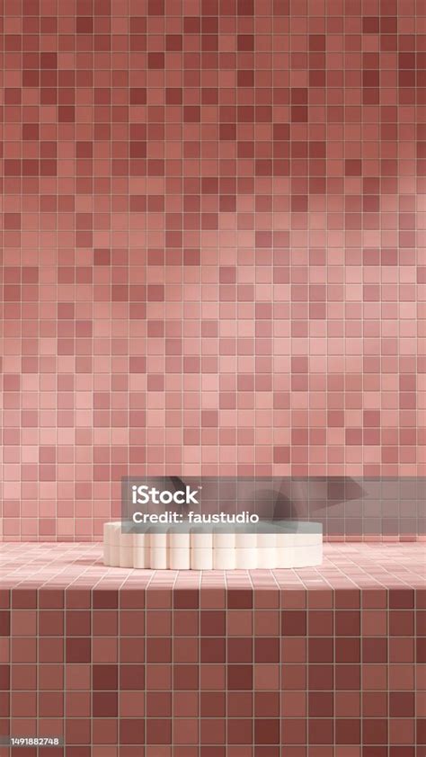 초상화 핑크 타일 패턴 벽 3d 렌더링 이미지 빈 모형 밝은 노란색 실린더 연단 0명에 대한 스톡 사진 및 기타 이미지 0명 3차원 형태 강단 Istock
