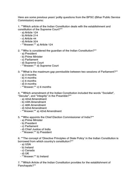 Polity Bpsc Questions Presentation Pdf Government Of India Governance