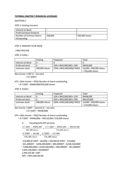 Tutorial C7 FIN320 TUTO TUTORIAL CHAPTER 7 FINANCIAL LEVERAGE QUESTION 1 STEP 1
