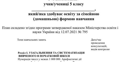 Індивідуальний навчальний план з математики для 5 класу за модельною програмою Скворцової В І