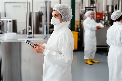 Female Worker In Clean Room With Tablet In Food Facility At Factory
