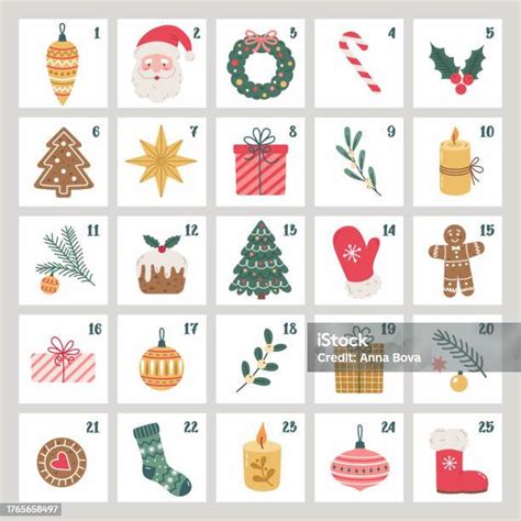 손으로 그린 휴일 요소와 장식이 있는 크리스마스 강림절 달력 크리스마스 포스터 벡터 플랫 그림입니다 크리스마스에 대한 스톡 벡터 아트 및 기타 이미지 Istock