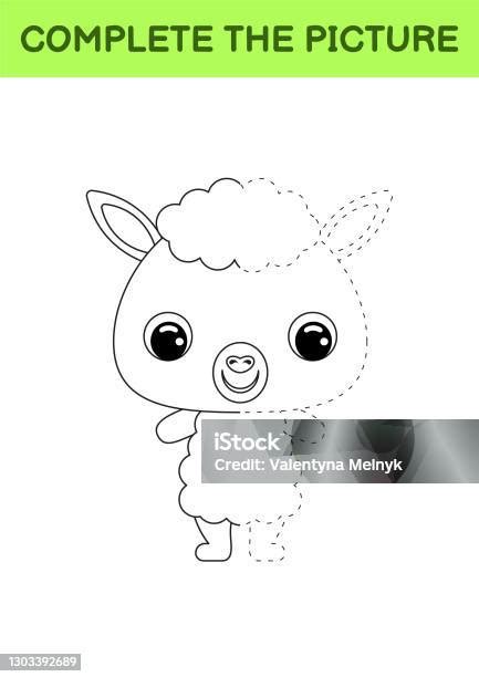 귀여운 알파카의 완전한 그려진 그림 색칠 공부 점 복사 게임 필기 연습 그리기 기술 훈련 인쇄 가능한 워크시트 를 개발하는 교육 활동 페이지입니다 벡터 그림입니다 교육에