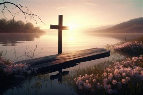 Premium AI Image A Cross On A Dock In A Lake With Flowers And A Sunset