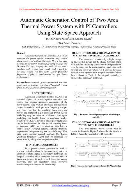 Pdf Automatic Generation Control Of Two Area Thermal Power System With Pi Controllers Using