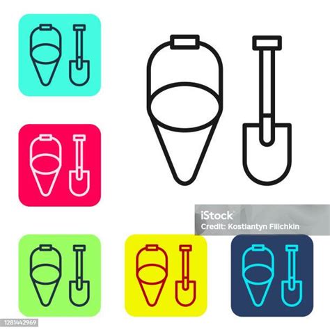 흰색 배경에 격리 된 검은 줄 화재 삽과 원뿔 버킷 아이콘 색상 정사각형 단추로 아이콘을 설정합니다 벡터 가정 생활에 대한 스톡 벡터 아트 및 기타 이미지 Istock