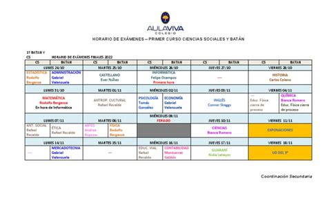 Horario De Exámenes 1º Cs B Pdf Science