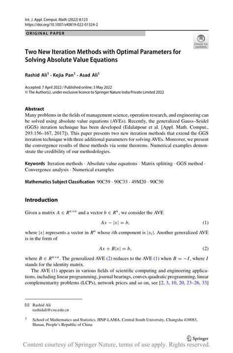 Two New Iteration Methods With Optimal Parameters For Solving Absolute Value Equations Request Pdf