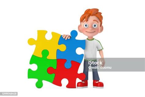 만화 작은 소년 십대 사람 캐릭터 마스코트 다채로운 퍼즐의 네 조각과 함께 3d 렌더링 개념에 대한 스톡 사진 및 기타 이미지