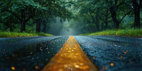 Rainy Road Through Forest Landscape With Yellow Center Line On Asphalt