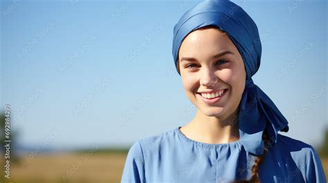 Beautiful Young Happy Amish Women In Traditional Dress Of Community And