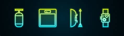 세트 라인 샌드백 욕실 저울 활 및 화살 떨림 심장 박동수를 보여주는 스마트 시계 빛나는 네온 아이콘입니다 벡터 건강한 생활방식에 대한 스톡 벡터 아트 및 기타 이미지