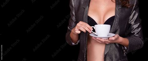 Sexy Body Of Woman Holding Coffee Cup Boobs And Coffee Isolated On