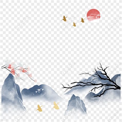 높은 산과 흐르는 물 한국의 황금 선 수묵 풍경 구름 일러스트 나무 눈 바다 빛 하늘 Png 일러스트 무료 다운로드 Lovepik