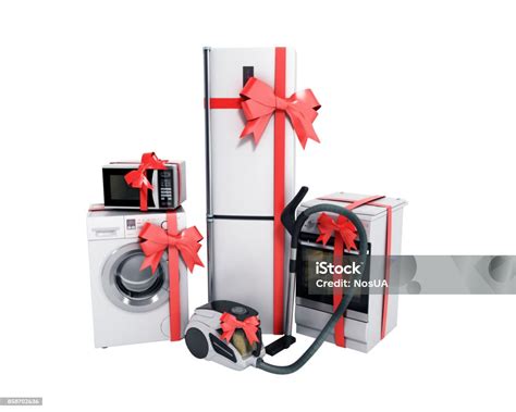 선물 흰색 냉장고 세탁기의 그룹 레드 스트립 흰색 절연 레인지 진공 청소기 난로 가전 3d 배경 0명에 대한 스톡 사진 및 기타 이미지 Istock