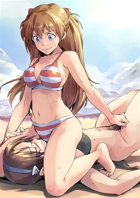 Rule 34 2girls Asuka Langley Sohryu Barefoot Beach Bikini Bikini Bottom Removed Blue Eyes