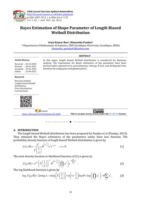 Pdf Bayes Estimation Of Shape Parameter Of Length Biased Weibull Distribution