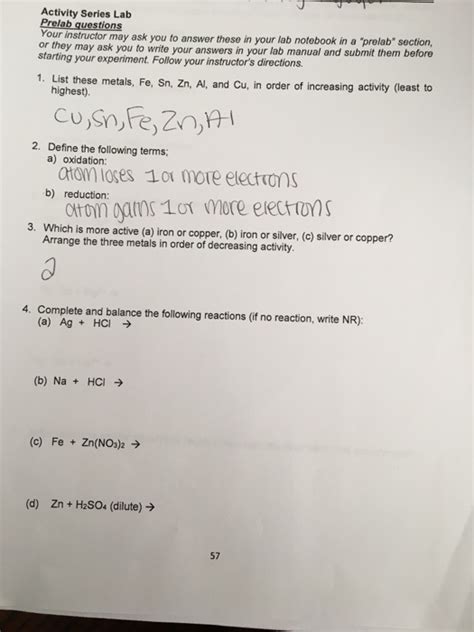 Solved Activity Series Lab Our Instructor May Ask You To