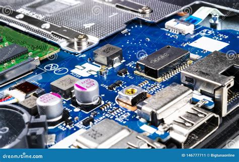 Macro Shot Of Circuit Board With Resistors Microchips And Electronic Components Computer