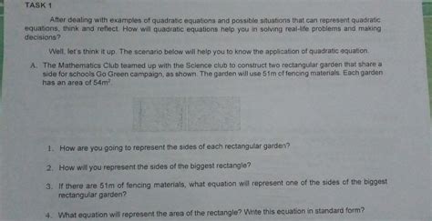 Solved Task 1 After Dealing With Examples Of Quadratic Equations And Possible Situations That