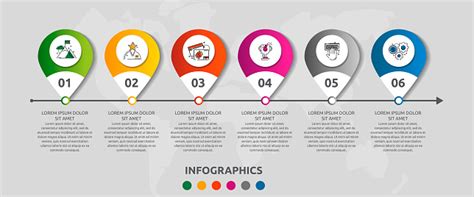 벡터 현대 인포 그래픽 플랫 템플릿 핀 여섯 종이 라벨 다이어그램 그래프 프리젠 테이션 6 가지 옵션과 마크가있는 비즈니스 개념 콘텐츠에 대한 빈 공간 단계 단계 타임라인
