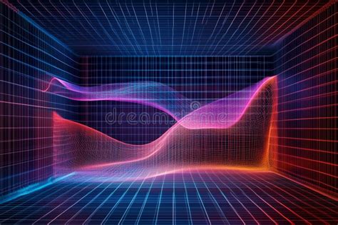 Abstract Data Visualization Neon Grid With Pink Blue Particle Waves Stock Illustration