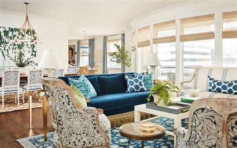 Blue Velvet Sofa With Gold Fringe Trim Transitional Living Room