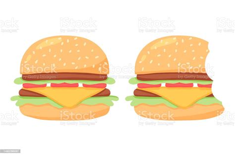 육즙 버거 토마토와 함께 맛있는 햄버거 전체와 물린 햄버거 건강에 좋지 않은 음식에 대한 스톡 벡터 아트 및 기타 이미지 건강에 좋지 않은 음식 고기 굽기 Istock