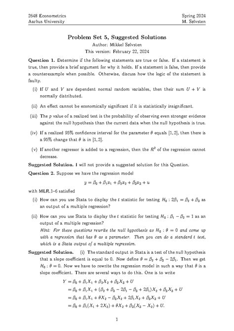 PS5 Final Solution Økonometri Aarhus University M Sølvsten Problem Set 5 Suggested