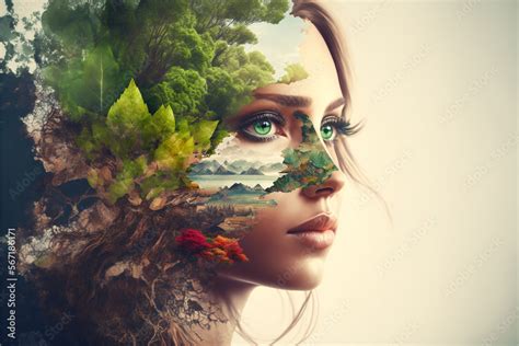 Mother Nature Concept Seamlessly Merged With Beautiful Face Portrait Of A Young Woman Ai