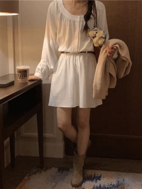 긴팔 셔링 주름 밴딩 미니 A라인 원피스 에이블리