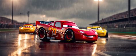 Lightning Mcqueen Racing On A Track In The Rain With Other Cars Prompts