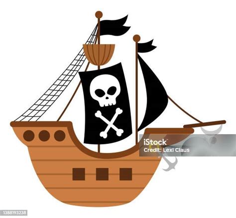 벡터 해적선 아이콘 귀여운 바다 선박 일러스트 검은 돛 스컬 과 교차 뼈와 섬 사냥꾼 보트를 보물 흰색 배경에 고립 된 아이들을위한 재미있는 해적 파티 요소 0명에 대한